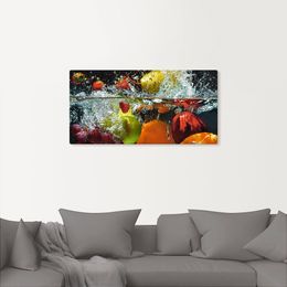 Leinwandbild Artland, B:100cm H:50cm T:1,8cm, bunt, Leinwand, Wohnzimmer, Bilder, "Spritzendes Obst auf dem Wasser", auf Holzrahmen gespannt