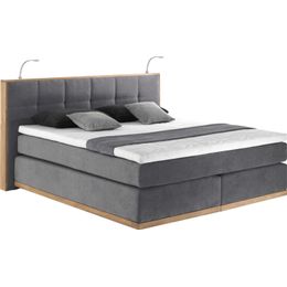 Boxspringbett Home Affaire, B:200cm L:213cm, grau, Polyester, Komplettbetten, "Vinton", aus Eiche, mit LED-Beleuchtung, verschiedene H&auml;rtegrade (auch