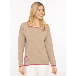 Zwillingsherz Damen Rundhalspullover ""Happy Face""beige, Gr. L, mehrfarbig, Strick, Obermaterial: 40% Wolle, 30% Viskose, 25% Polyamid, 5% Kaschmir,