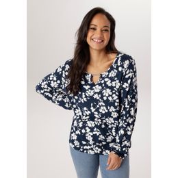 ANISTON PLUS Damen Langarmshirtwei&szlig;, blau, Gr. 44, gemustert, Single Jersey, Obermaterial: 95% Viskose, 5% Elasthan, Shirts, aus weich flie&szlig;ender