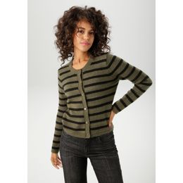Aniston CASUAL Damen Strickjacke, schwarz, Gr. 42, geringelt, gestreift, Strick, Obermaterial: 75% Polyacryl, 22% Polyester, 3% Elasthan,