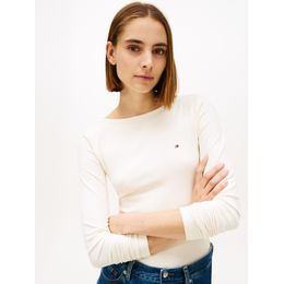 Tommy Hilfiger Damen Langarmshirt "SLIM 5X2 RIB BOAT-NK LS mit U-Boot Ausschnitt und Rippstruktur", beige, Gr. XL, unifarben, Single Jersey,