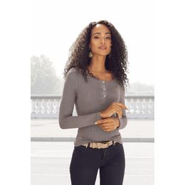 Vivance Damen Langarmshirt "mit kurzer Knopfleiste", grau, Basic, Gr. 36, unifarben, Rippware, Obermaterial: 95% Viskose, 5% Elasthan, Shirts, aus