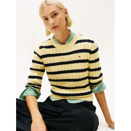 Tommy Hilfiger Damen Rundhalspullover "CO CABLE MID GG C-NK LS SWT", beige, Gr. XL, gestreift, Strick, Obermaterial: 100% Baumwolle, Pullover, mit