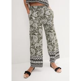 bonprix Damen Palazzohose, gr&uuml;n, Gr. 52, bedruckt, gemustert, Web, Obermaterial: 95% Viskose, 5% Elasthan, Hosen, mit Allover-Print und Gummizug