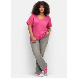 Kurzarmshirt sheego by Joe Browns "Shirt", Damen, Gr. 40/42, pink (fuchsia), 50% Baumwolle, 50% Modal, unifarben, V-Ausschnitt, Shirts