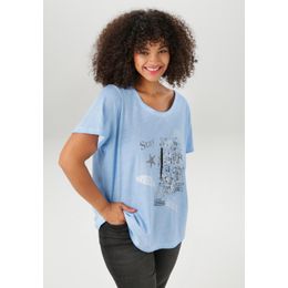 T-Shirt ANISTON PLUS, Damen, Gr. 44, blau (hellblau), Jersey, Obermaterial: 100% Baumwolle, bedruckt, unifarben, figurumspielend h&uuml;ftbedeckend, Rundhals, normaler Saum, Shirts T-Shirt, mit edlem Druckmotiv, Topseller