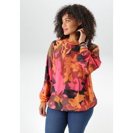Shirtbluse ANISTON PLUS, Damen, Gr. 50, pink, lila, orange, schwarz, rot, Cr&ecirc;pe, Obermaterial: 97% Polyester, 3% Elasthan, gebl&uuml;mt, gemustert, figurumspielend Po-bedeckend, Rundhals, B&uuml;ndchen, Blusen, in Knallfarben