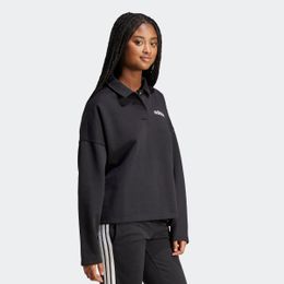 Sweatshirt adidas Sportswear "W LIN FL POLO", Damen, Gr. XL, schwarz-wei&szlig; (schwarz, wei&szlig;), Obermaterial: 55% Baumwolle, 36% Polyester, 9% Viskose, Sweatshirts Sweatshirt, mit Knopfleiste, aus Baumwolle, Polyester und Viskose