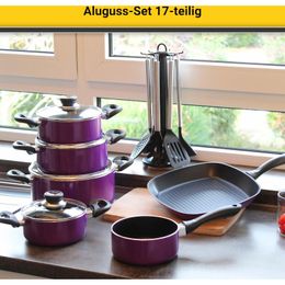 Kr&uuml;ger Topf-Set &raquo;Aluguss Topf- und Pfannenset inkl. praktischen K&uuml;chenhelfern, 17 tlg.&laquo; Set, Fleischtopf 16/18/20/24cm, Stieltopf 16cm Steakpfanne 7 