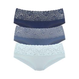 Vivance Damen Slip 3er-Pack, aus elastischer Baumwolle mit floraler Spitze blau 32/34