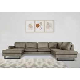 Home Affaire Wohnlandschaft &raquo;Pinto, 350 cm, U-Form, XXL, mit Ottomanen&laquo; Cord, Chenille, Lederoptik, mit Keder, Metallf&uuml;&szlig;e, Wellenunterfederung grau 