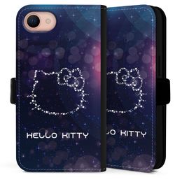 DeinDesign iPhone 16e Handy Klapph&uuml;lle Handyh&uuml;lle aus Kunst Leder schwarz Flip Case Merchandise Hello Kitty Weltall Sideflip mit Lasche