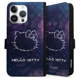DeinDesign iPhone 14 Pro Max Handy Klapph&uuml;lle Handyh&uuml;lle aus Kunst Leder schwarz Flip Case Merchandise Hello Kitty Weltall Sideflip mit Lasche