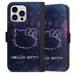 DeinDesign iPhone 13 Pro Handy Klapph&uuml;lle Handyh&uuml;lle aus Kunst Leder schwarz Flip Case Merchandise Hello Kitty Weltall Sideflip mit Lasche