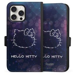 DeinDesign iPhone 15 Pro Max Handy Klapph&uuml;lle Handyh&uuml;lle aus Kunst Leder schwarz Flip Case Merchandise Hello Kitty Weltall Sideflip mit Lasche