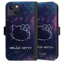 DeinDesign iPhone 13 Handy Klapph&uuml;lle Handyh&uuml;lle aus Kunst Leder schwarz Flip Case Merchandise Hello Kitty Weltall Sideflip mit Lasche