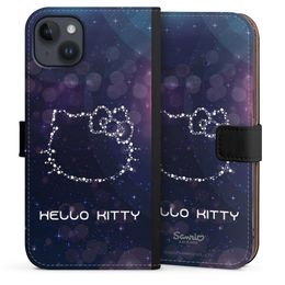 DeinDesign iPhone 14 Plus Handy Klapph&uuml;lle Handyh&uuml;lle aus Kunst Leder schwarz Flip Case Merchandise Hello Kitty Weltall Sideflip mit langer Lasche