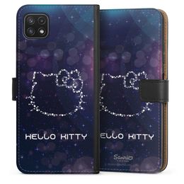 DeinDesign Galaxy A22 5G Handy Klapph&uuml;lle Handyh&uuml;lle aus Kunst Leder schwarz Flip Case Hello Kitty Weltall Merchandise Sideflip mit langer Lasche