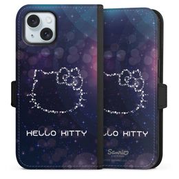 DeinDesign iPhone 15 Handy Klapph&uuml;lle Handyh&uuml;lle aus Kunst Leder schwarz Flip Case Merchandise Hello Kitty Weltall Sideflip mit Lasche