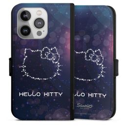 DeinDesign iPhone 14 Pro Handy Klapph&uuml;lle Handyh&uuml;lle aus Kunst Leder schwarz Flip Case Merchandise Hello Kitty Weltall Sideflip mit langer Lasche
