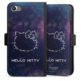 DeinDesign iPhone SE (2022) Handy Klapph&uuml;lle Handyh&uuml;lle aus Kunst Leder schwarz Flip Case Merchandise Hello Kitty Weltall Sideflip mit Lasche