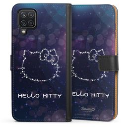 DeinDesign Galaxy A12 Handy Klapph&uuml;lle Handyh&uuml;lle aus Kunst Leder schwarz Flip Case Hello Kitty Weltall Merchandise Sideflip mit langer Lasche