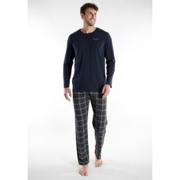 Schlafanzug Tom Tailor "Milos", Herren, Gr. 52, blau, mittel, karo, Obermaterial: 100% Baumwolle, bequem normal, Rundhals, gerader Abschluss, Homewear-Sets Schlafanzug, Langarm, Rundhalsausschnitt, mit Knopfleiste, kariert, Baumwolle
