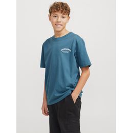 Jack & Jones T-Shirt JACK & JONES JUNIOR "JJEBRANDES BACKP RELAXED TEE SS SN JNR", Jungen, Gr. 128, blau (oceanview), Single Jersey, Obermaterial: 100% Baumwolle, bedruckt, relaxed fit normal, Rundhals, Shirts T-Shirt