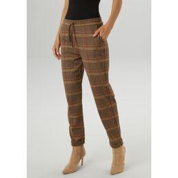 Schlupfhose Aniston SELECTED, Damen, Gr. 34, N-Gr, braun (schoko, camel, rot, beige), Jersey, Obermaterial: 65% Polyester, 33% Viskose, 2% Elasthan, Jacquardmuster, gemustert, kariert, figurumspielend kn&ouml;chelfrei, Hosen Schlupfhose, mit 2 praktischen Eingrifftaschen