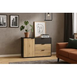 Kommode Home Affaire "PERY Sideboard mit 3 Schubladen und 3 F&auml;cher, Ma&szlig;e B/T/H: 125/36/79 cm", schwarz, natur, B:125cm H:79,8cm T:36,5cm, Melamin, Sideboards, Kommode, Moderner Schubladenschrank mit viel Stauraum und schwarzen Griffen