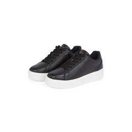 Plateausneaker Tommy Hilfiger "TH PLATFORM COURT SNEAKER", Damen, Gr. 40, schwarz, Leder, Schuhe Plateausneaker, Freizeitschuh, Halbschuh, Schn&uuml;rschuh, Kontrastbesatz an der Ferse