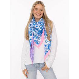 Zwillingsherz Damen Dreieckstuch ""Blumige Aussichten""blau pink, gemustert, mehrfarbig, Strick, Materialmix, Modet&uuml;cher, Florales Muster, Kante Uni,