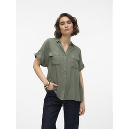 V&eacute;ro Moda Kurzarmbluse VERO MODA "VMBUMPY S/S SHIRT WVN GA NOOS", Damen, Gr. L, gr&uuml;n (laurel wreath), Web, Obermaterial: 100% Viskose, unifarben, regular fit normal, V-Ausschnitt, mit Aufschlag, Blusen, Viskose, regular fit