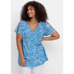 T-Shirt sheego "T-Shirt", Damen, Gr. 52/54, blau (kobalt, gemustert), 60% Baumwolle, 40% Polyester, gemustert, V-Ausschnitt, Shirts T-Shirt