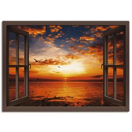 Leinwandbild Artland, B:100cm H:70cm, braun, Leinwand, Wohnzimmer, Bilder, "Fensterblick Sonnenuntergang am Strand", auf Holzrahmen gespannt