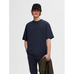 Rundhalsshirt Selected "SLHLOOSEOSCAR SS O-NECK TEE NOOS", Herren, Gr. M, blau (sky captain), Jersey, Obermaterial: 44% Baumwolle, 35% Polyester, 21% Elastomultiester, unifarben, loose fit normal, Rundhals, Shirts Rundhalsshirt