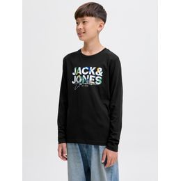 Jack & Jones Jungen Langarmshirt "JJGEPLAS TEE LS CREW NECK JNR", schwarz, Gr. 176, JACK & JONES JUNIOR, bedruckt, Single Jersey, Obermaterial: 100% Baumwolle,