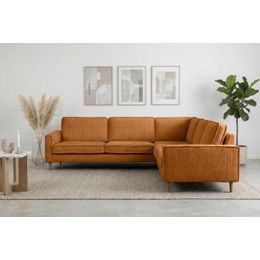Ecksofa Home Affaire "Pinto Skandi, 290 cm, Chenille, Struktur, Ottomane links / rechts", orange (brick rot), B:290cm H:89cm T:250cm, 100% Polyester, Sofas, Ecksofa, mit Keder, Massivholzf&uuml;&szlig;e Eiche ger&auml;uchert, Wellenunterfederung
