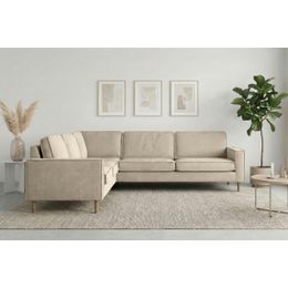 Ecksofa Home Affaire "Pinto Skandi, 290 cm, Chenille, Struktur, Ottomane links / rechts", creme, B:290cm H:89cm T:250cm, 100% Polyester, Sofas, Ecksofa, mit Keder, Massivholzf&uuml;&szlig;e Eiche ger&auml;uchert, Wellenunterfederung