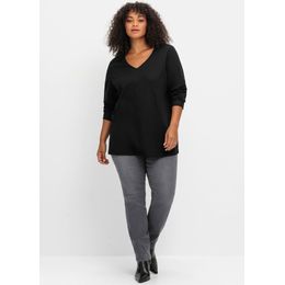 sheego Damen V-Shirt "Langarmshirt", schwarz, Gr. 56, unifarben, 100% Baumwolle, Shirts