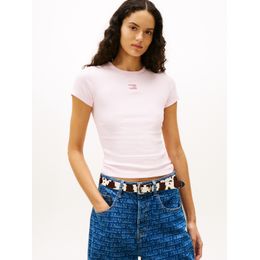 Kurzarmshirt Tommy Jeans "TJW SLIM BADGE RIB TEE", Damen, Gr. XL (42), light pink, Single Jersey, Obermaterial: 95% Baumwolle, 5% Elasthan, unifarben, slim fit normal, Rundhals, abgesteppt, Shirts, mit gerippter Struktur