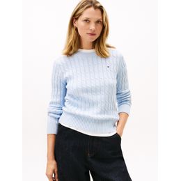 Rundhalspullover Tommy Hilfiger "CO CABLE MID GG C-NK LS SWT", Damen, Gr. L (40), breezy blau, Strick, Obermaterial: 100% Baumwolle, unifarben, regular fit normal, Rundhals, Rippb&uuml;ndchen, Pullover Rundhalspullover, mit Zopfmuster