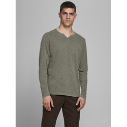 Jack & Jones Langarm-Poloshirt JACK & JONES "JJESPLIT NECK TEE LS NOOS", Herren, Gr. M, forest night fit:slim, Jersey, Obermaterial: 100% Baumwolle, unifarben, slim fit normal, V-Ausschnitt, Shirts, Baumwolle, regular fit
