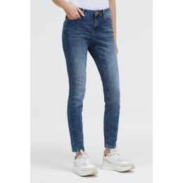 SOCCX Damen Slim-fit-Jeans, blau, Gr. 33, Abriebeffekte, Denim/Jeans, Material: 72% Baumwolle, 27% Polyester, 1% Elasthan, Zusatz: Enth&auml;lt