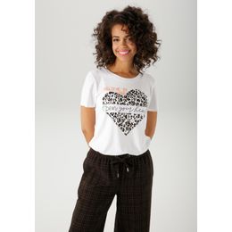 Aniston CASUAL Damen T-Shirt, schwarz, Gr. 48, bedruckt, Single Jersey, Obermaterial: 95% Viskose, 5% Elasthan, Shirts, mit Herz, Leo-Druck und