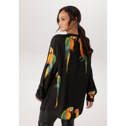 ANISTON PLUS Damen Longbluseschwarz, bunt, Gr. 50, bedruckt, Web, Obermaterial: 100% Viskose, Blusen, Mit ausgefallenen Papgeien Druck