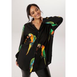 Longbluse ANISTON PLUS, Damen, Gr. 44, schwarz, bunt, Web, Obermaterial: 100% Viskose, bedruckt, figurumspielend Po-bedeckend, V-Ausschnitt, Blusen Longbluse, Mit ausgefallenen Papgeien Druck - NEUE KOLLEKTION