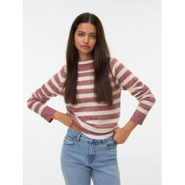 V&eacute;ro Moda Rundhalspullover VERO MODA "VMDOFFY LS O-NECK BLOUSE GA NOOS", Damen, Gr. XS, syrah stripes:birch, Strick, Obermaterial: 94% Polyester, 3% Elasthan, 3% Nylon, gestreift, regular fit normal, Rundhals, Rippb&uuml;ndchen, Pullover Rundhalspullover, Materialmix, regular fit