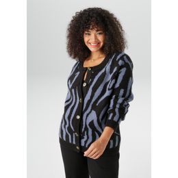 ANISTON PLUS Damen Strickjackeschwarz, blau, Gr. 48, animal-print, gemustert, Grobstrick, Obermaterial: 75% Polyacryl, 25% Polyester, Strickjacken,